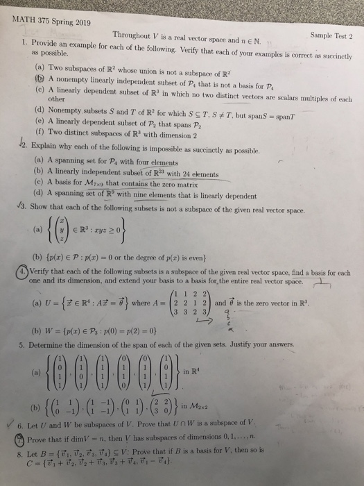 MATH 375 Spring 2019 Sample Test 2 Throughout V is a | Chegg.com