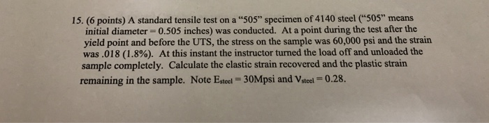 Solved A standard tensile test on a "505" specimen of 4140 | Chegg.com