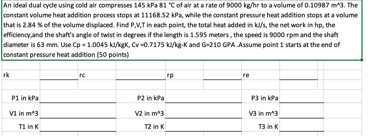 Solved An ideal dual cycle using cold air compresses | Chegg.com