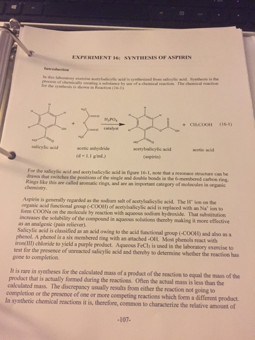 Solved EXPERIMENT 16: SYNTHESIS OF ASPIRIN Iatroduction In | Chegg.com