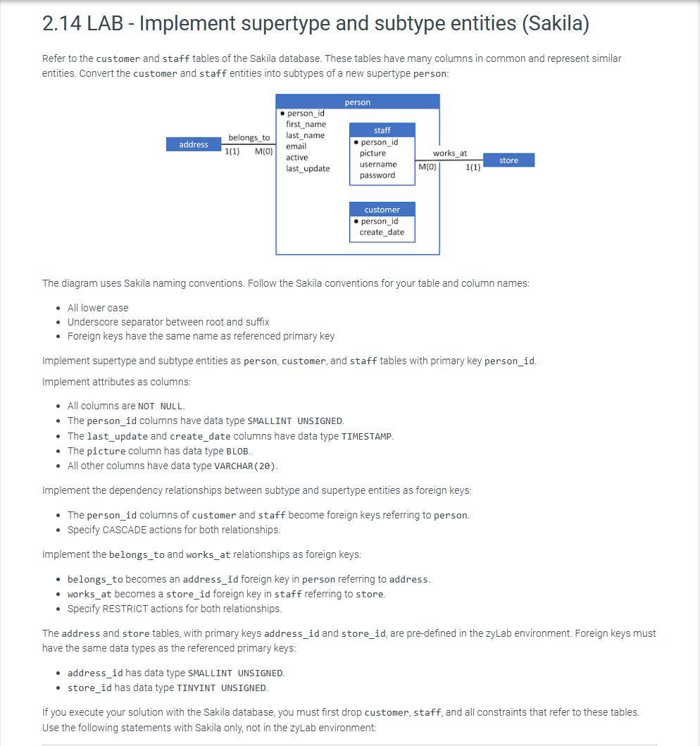 Solved 2.14 LAB - Implement supertype and subtype entities | Chegg.com