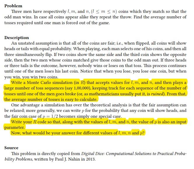 Solved Problem Three men have respectively 1, m, and n, (I | Chegg.com