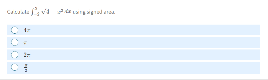 Solved Calculate ∫−224−x2dx using signed area. 4π π 2π 2π | Chegg.com