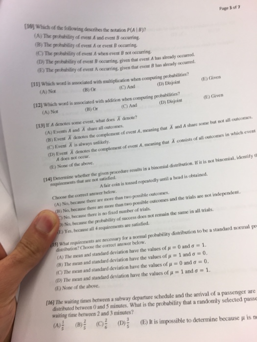 Solved Which of the following describes the notation P(A|B)? | Chegg.com