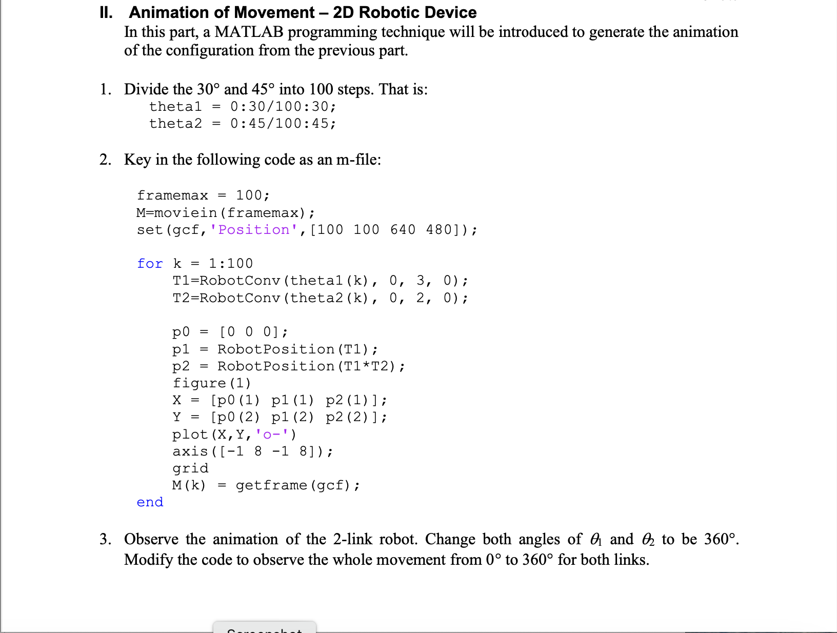 Solved II. ﻿Animation of Movement - 2D Robotic DeviceIn this | Chegg.com