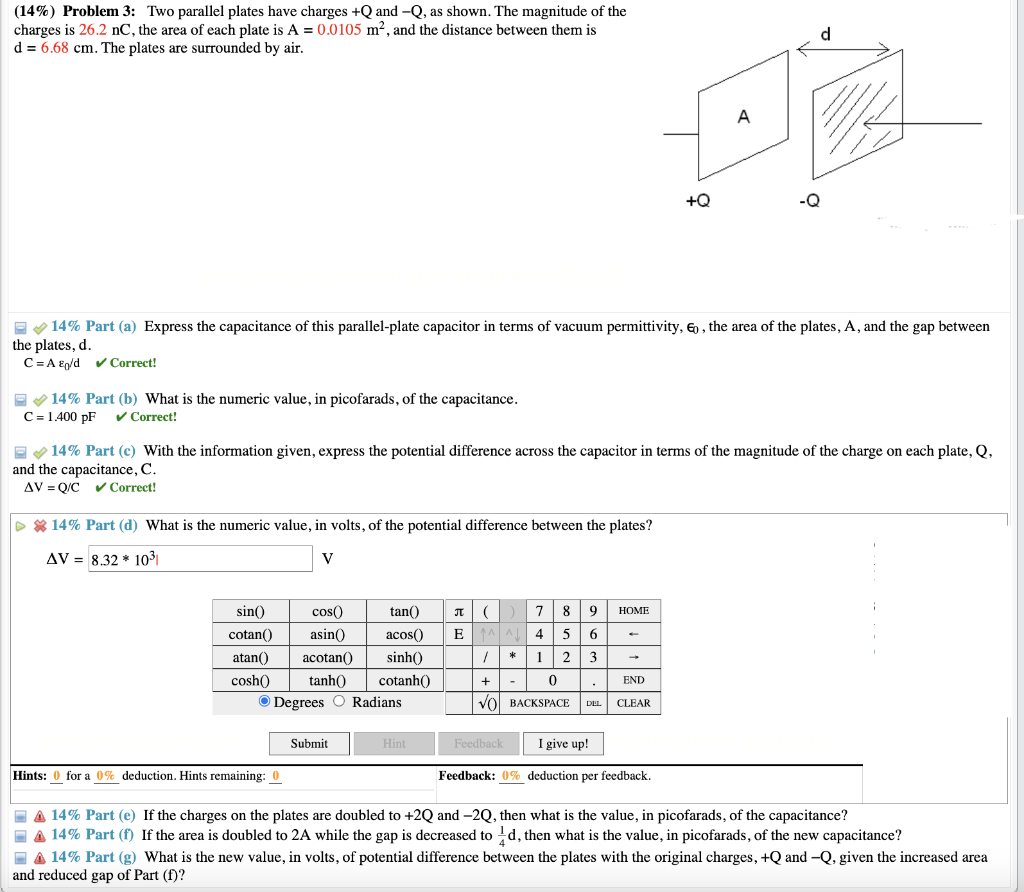 Solved (14\%) Problem 3: Two parallel plates have charges +Q | Chegg.com