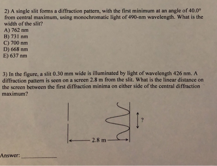 Solved 2) A single slit forms a diffraction pattern, with | Chegg.com