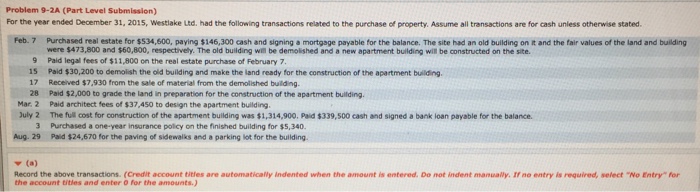 Solved Problem 9-2A (Part Level Submission) For the year | Chegg.com