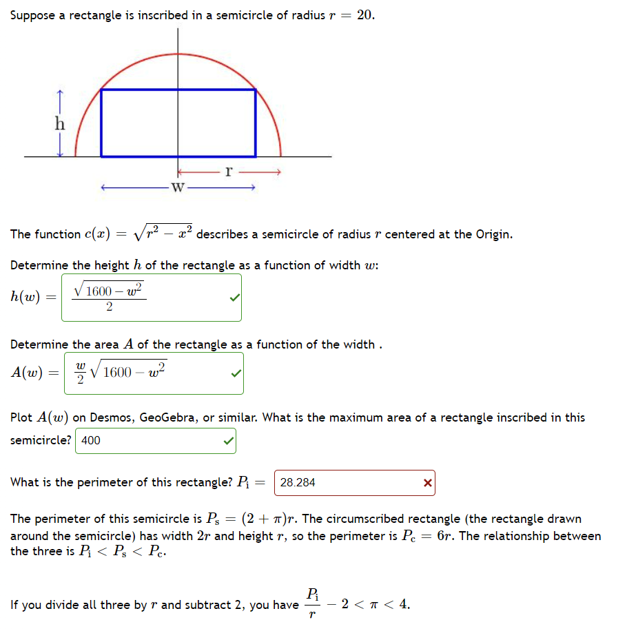 Solved Suppose a rectangle is inscribed in a semicircle of | Chegg.com