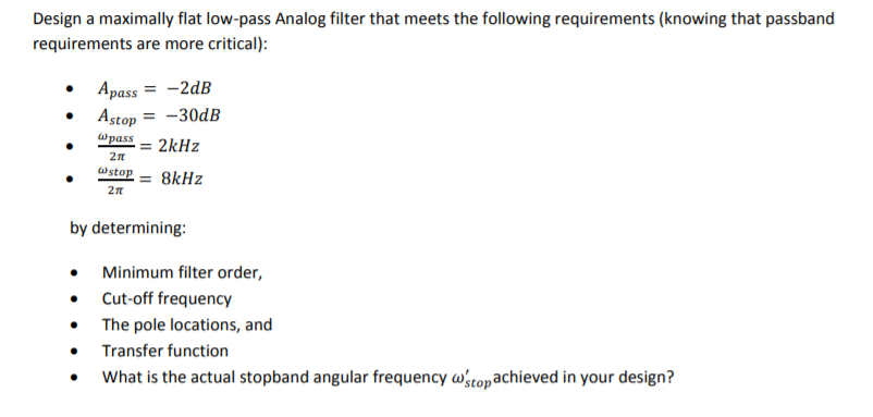 Design a maximally flat low-pass Analog filter that | Chegg.com