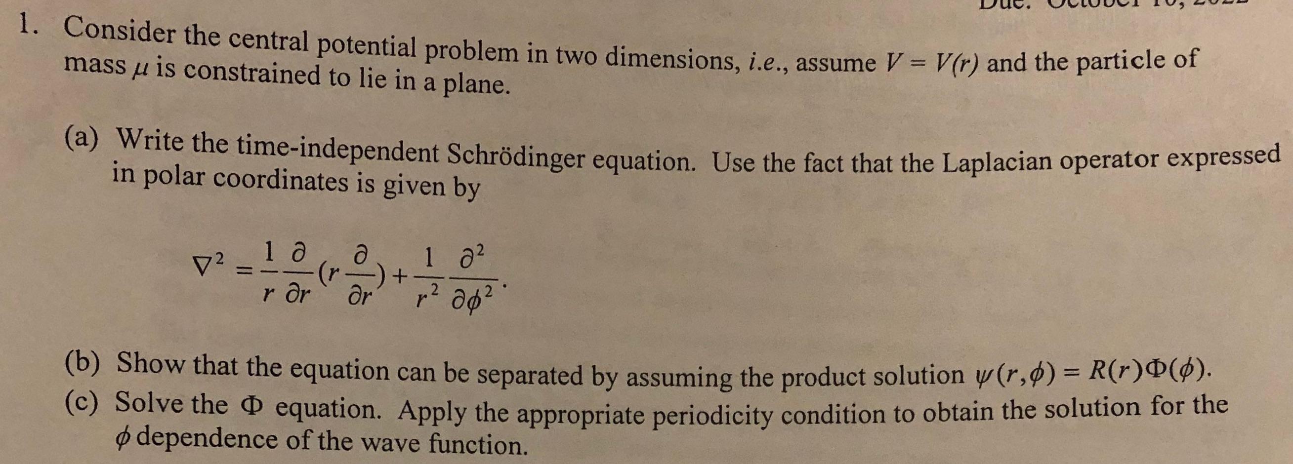 Solved Consider the central potential problem in two | Chegg.com