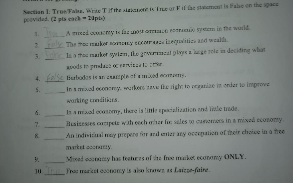 Solved Section 1: True/False. Write T if the statement is | Chegg.com