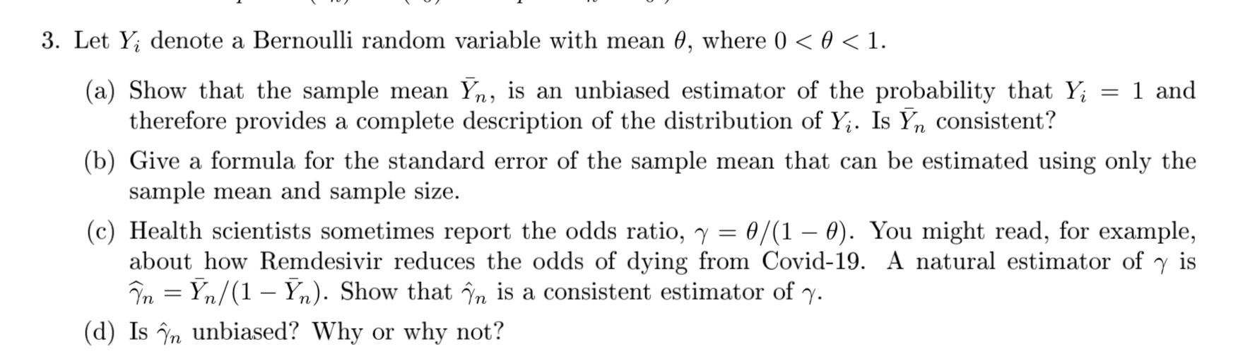 Solved 3. Let Yi denote a Bernoulli random variable with | Chegg.com