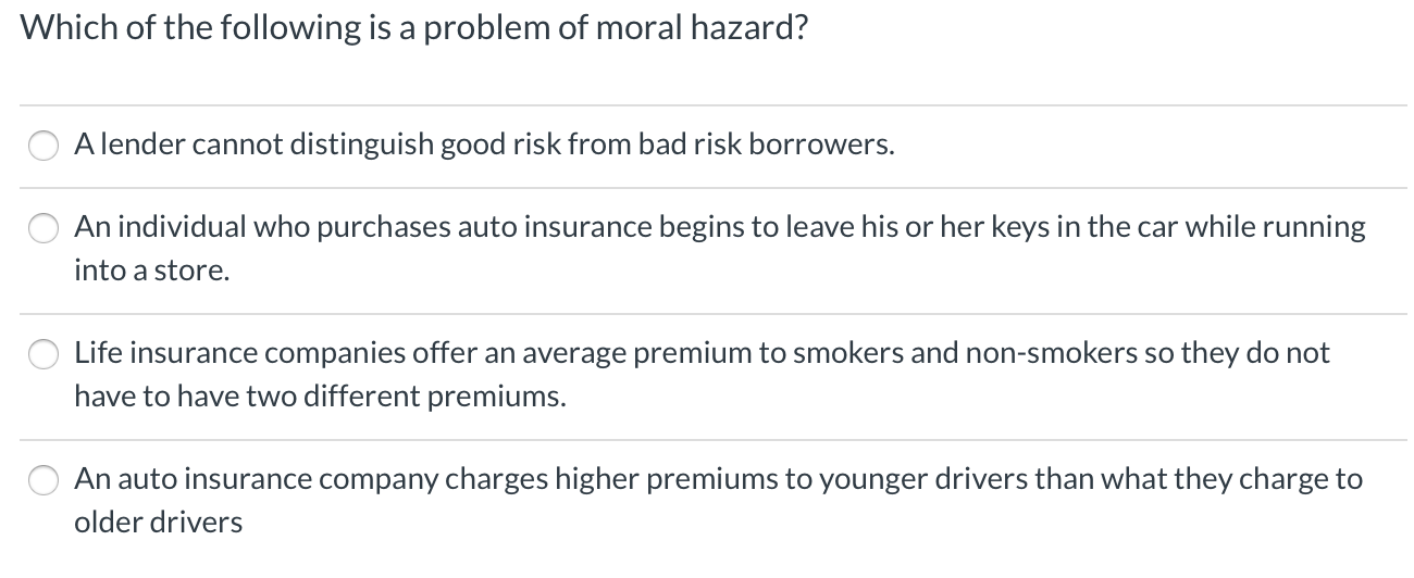 Solved Which of the following is a problem of moral hazard? | Chegg.com
