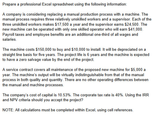 Solved Prepare a professional Excel spreadsheet using the | Chegg.com