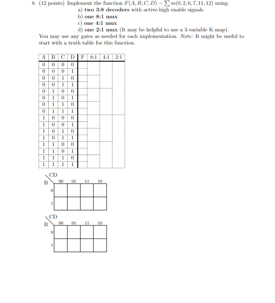 Solved 8. (12 points) Implement the function F(A,B,C,D) = | Chegg.com