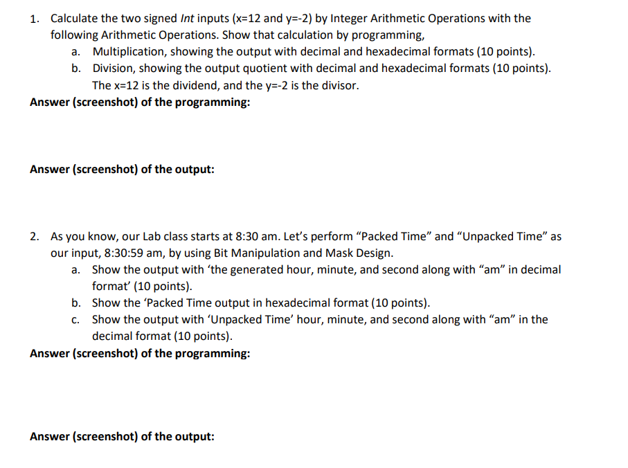Solved 1. Calculate the two signed Int inputs (x=12 and y=−2 | Chegg.com