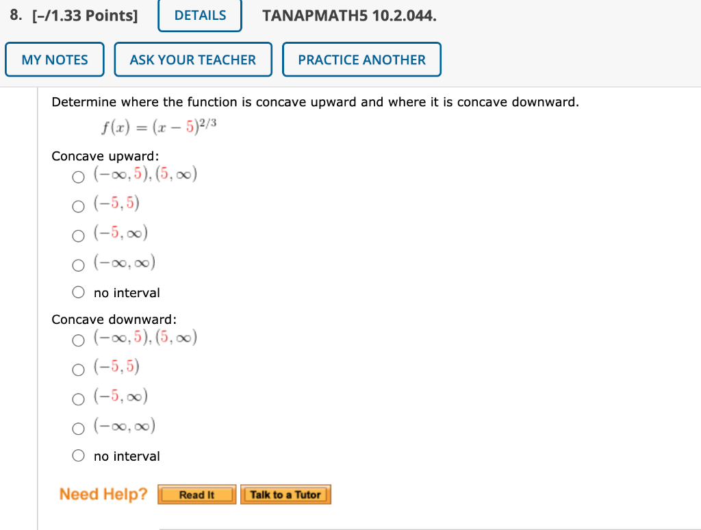 Solved 8. (-/1.33 Points] DETAILS TANAPMATH5 10.2.044. MY | Chegg.com