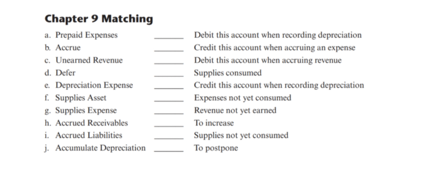Solved Chapter 9 Matching a. Prepaid Expenses b. Accrue c. | Chegg.com