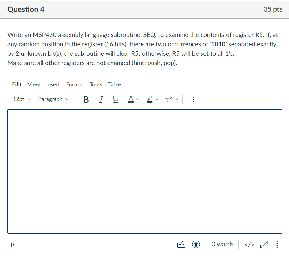 Solved Question 4 35 pts Write an MSP430 assembly language | Chegg.com