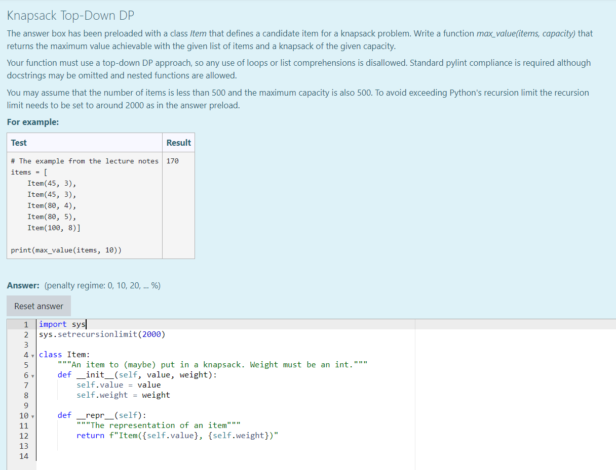 Solved Knapsack Top-Down DP The answer box has been | Chegg.com