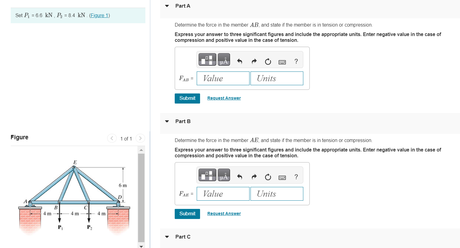 Solved Set P1=6.6kN,P2=8.4kN. Determine the force in the | Chegg.com
