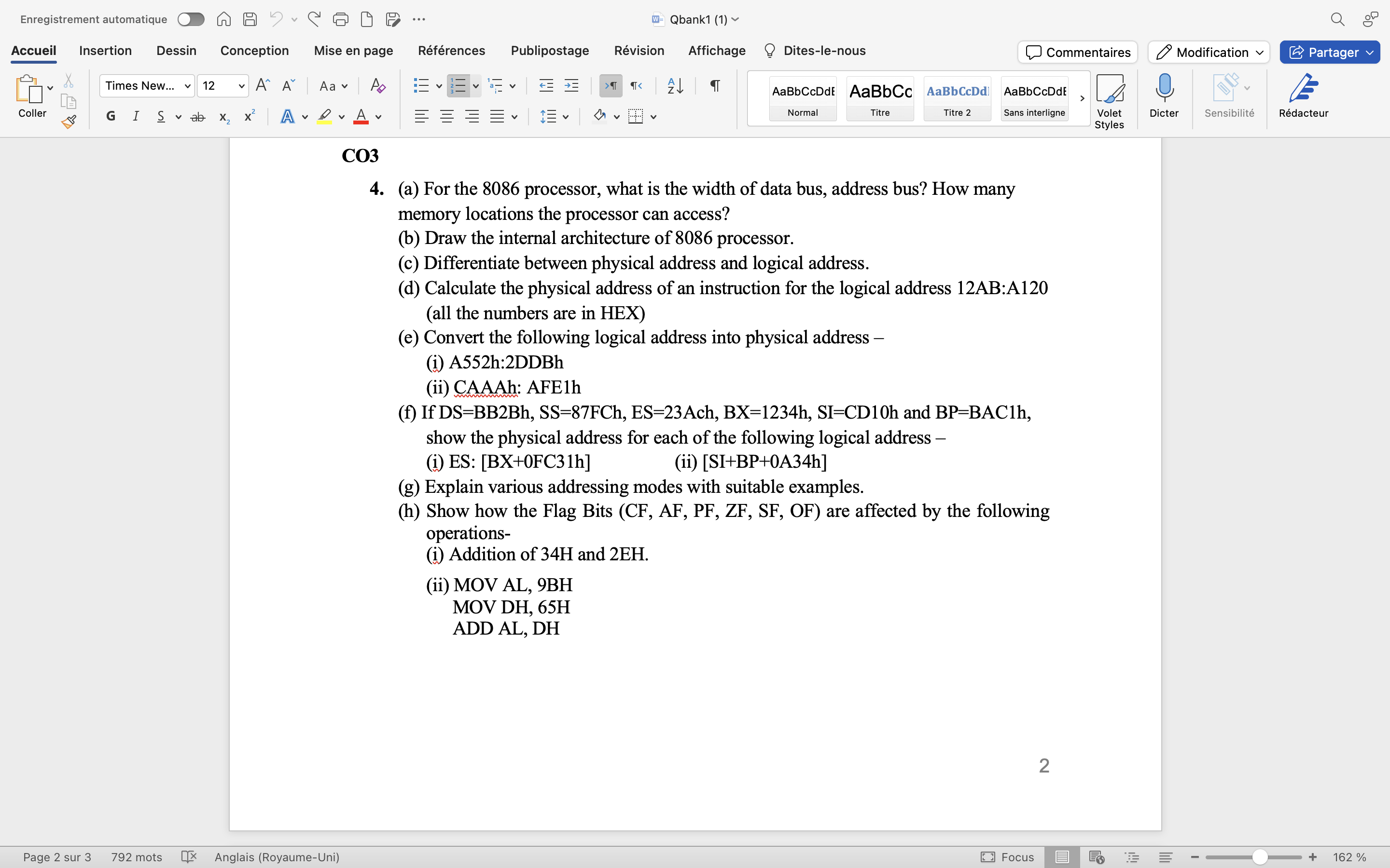 Solved 4. (a) For the 8086 processor, what is the width of | Chegg.com