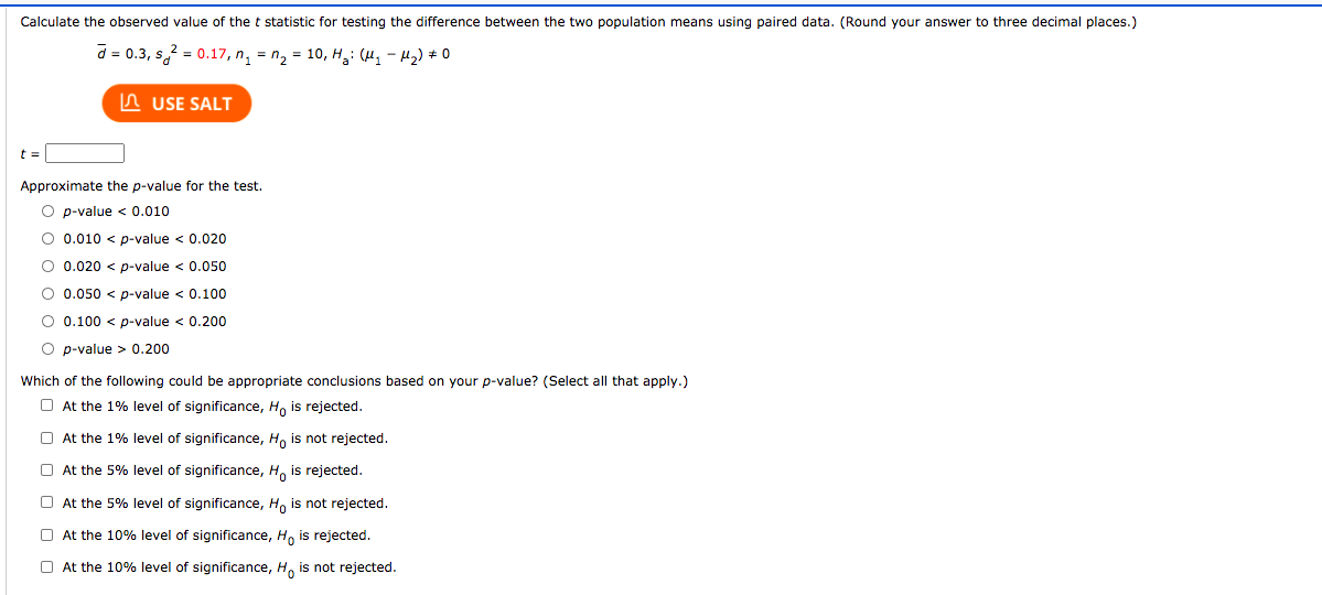 Solved Calculate the observed value of the t statistic for | Chegg.com