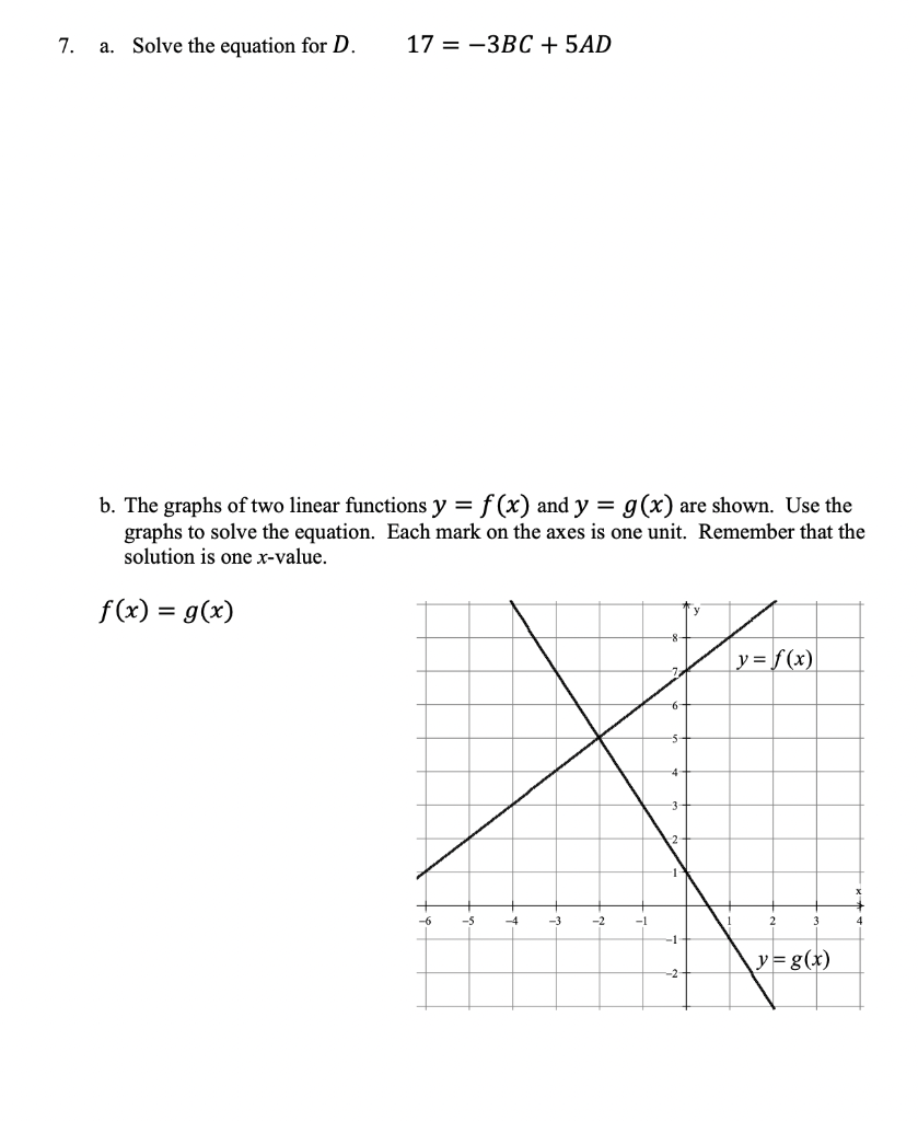 Solved 7. a. Solve the equation for D. 17 = -3BC + 5AD = b. | Chegg.com