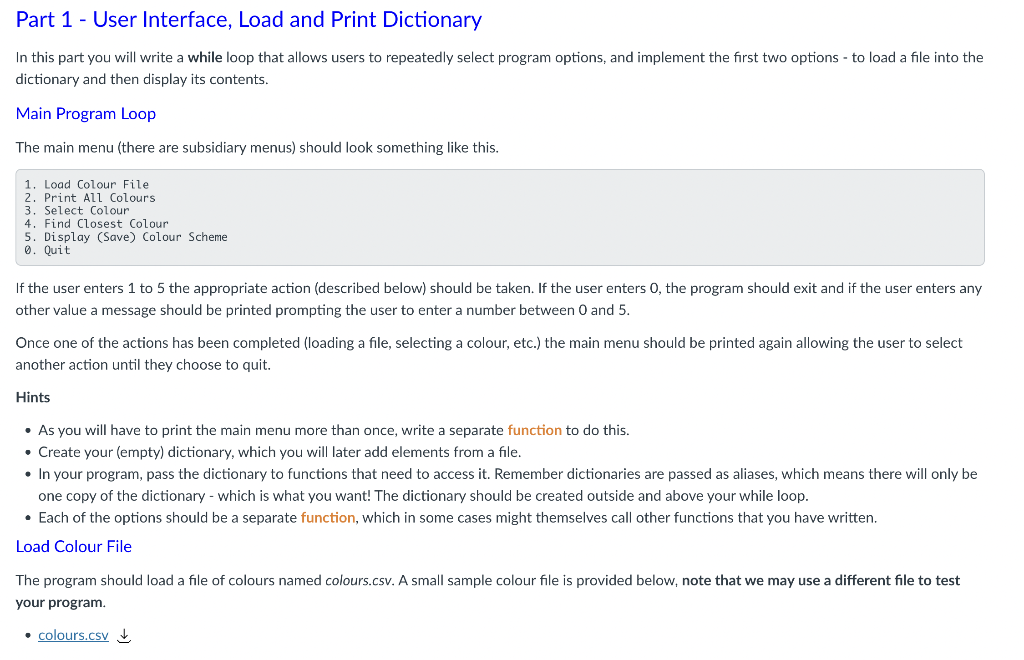 Solved Part 1 - User Interface, Load and Print Dictionary In | Chegg.com