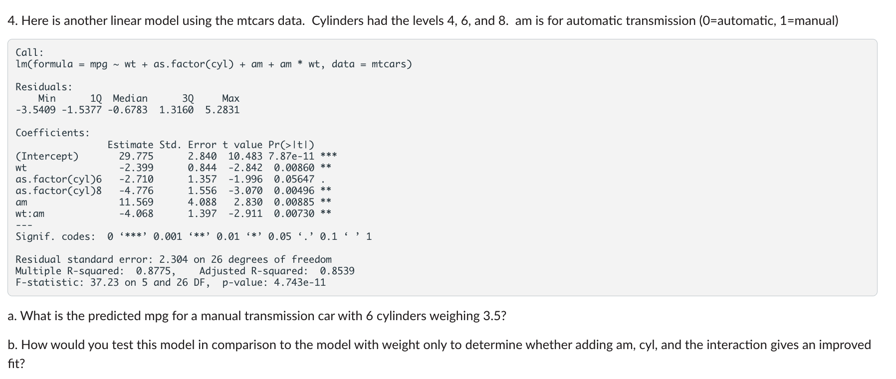 4. Here is another linear model using the mtcars | Chegg.com