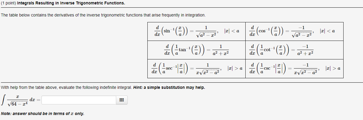 Solved (1 point) Integrals Resulting in Inverse | Chegg.com
