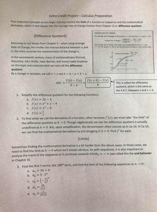 Solved Extra Credit Project-Calculus Preparation Two | Chegg.com