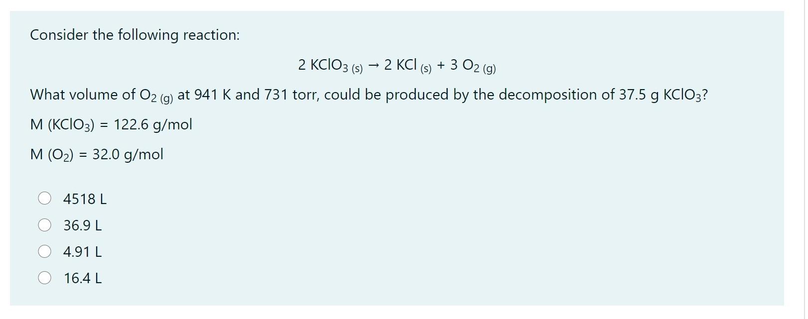 Solved Consider the following reaction: 2 KClO3 (s) - 2 KCl | Chegg.com