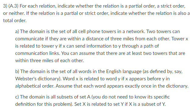 Solved 3) (A.3) For each relation, indicate whether the | Chegg.com