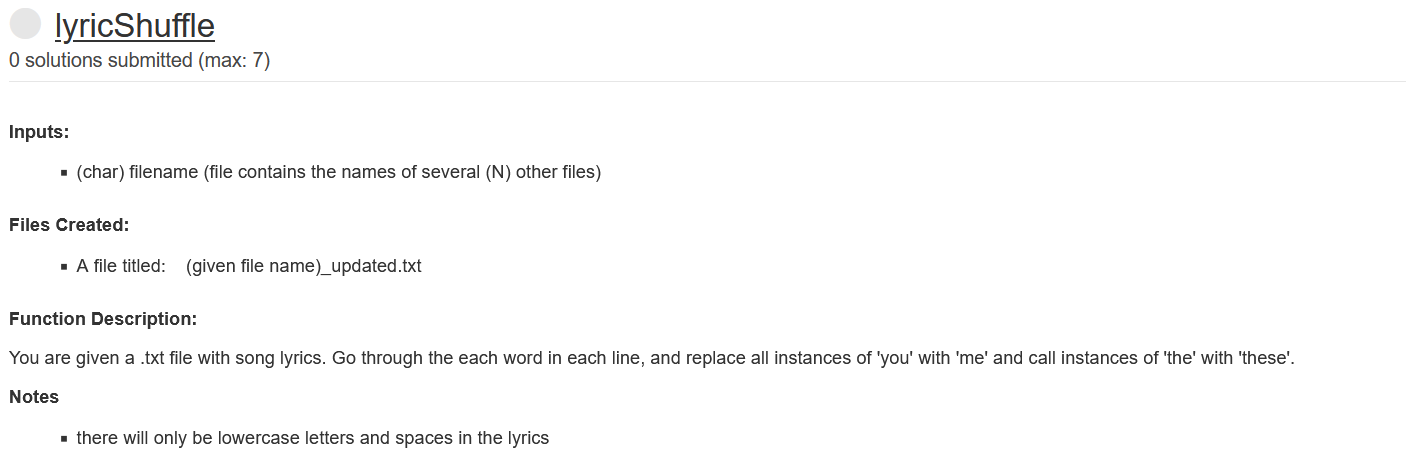 Solved lyricShuffle O solutions submitted (max: 7) Inputs: • | Chegg.com