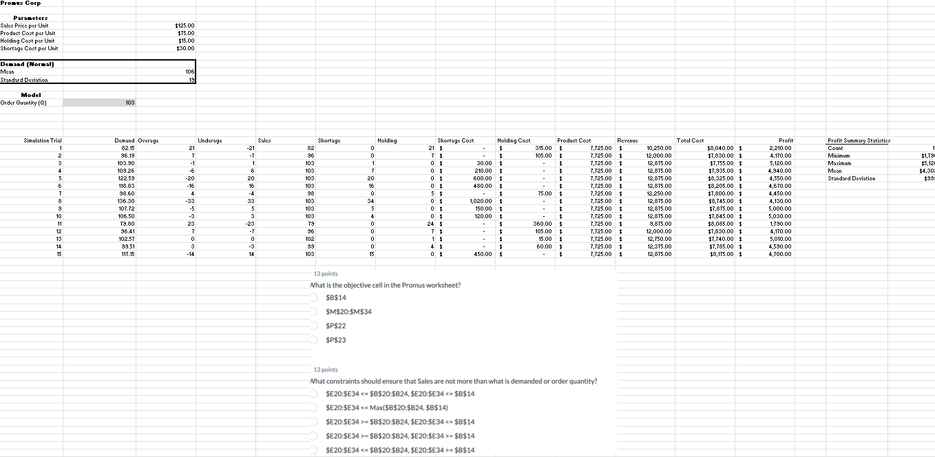 Solved what is the objective cell in the promus worksheet? | Chegg.com