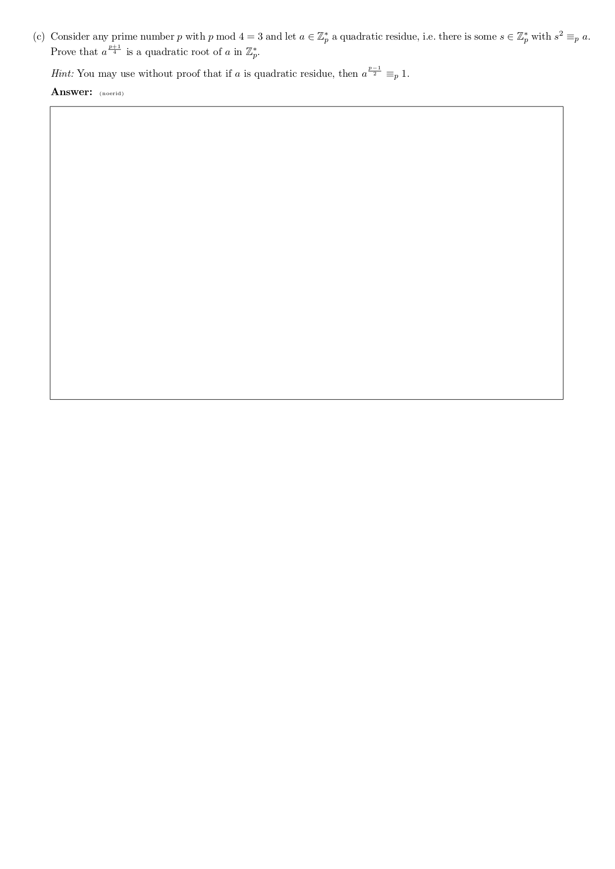 Solved (c) ﻿Consider any prime number p ﻿with pmod4=3 ﻿and | Chegg.com