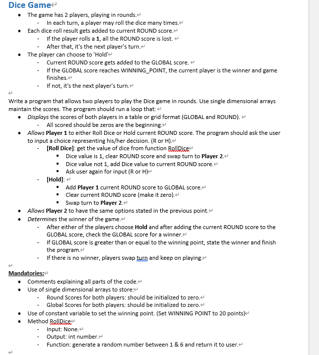 Solved Dice Game • The game has 2 players, playing in | Chegg.com