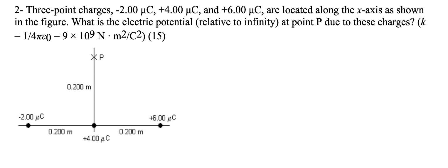 Solved 2- Three-point charges, −2.00μC,+4.00μC, and +6.00μC, | Chegg.com