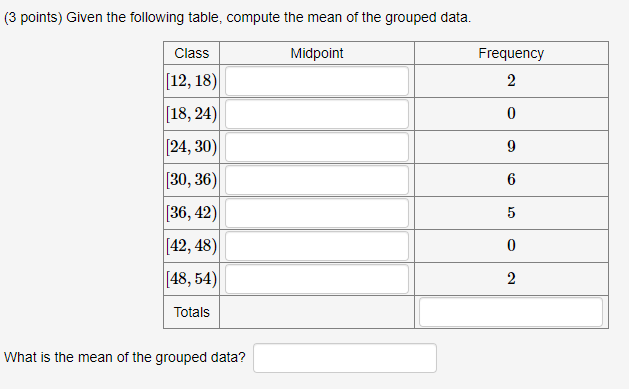 Solved (3 points) Given the following table, compute the | Chegg.com