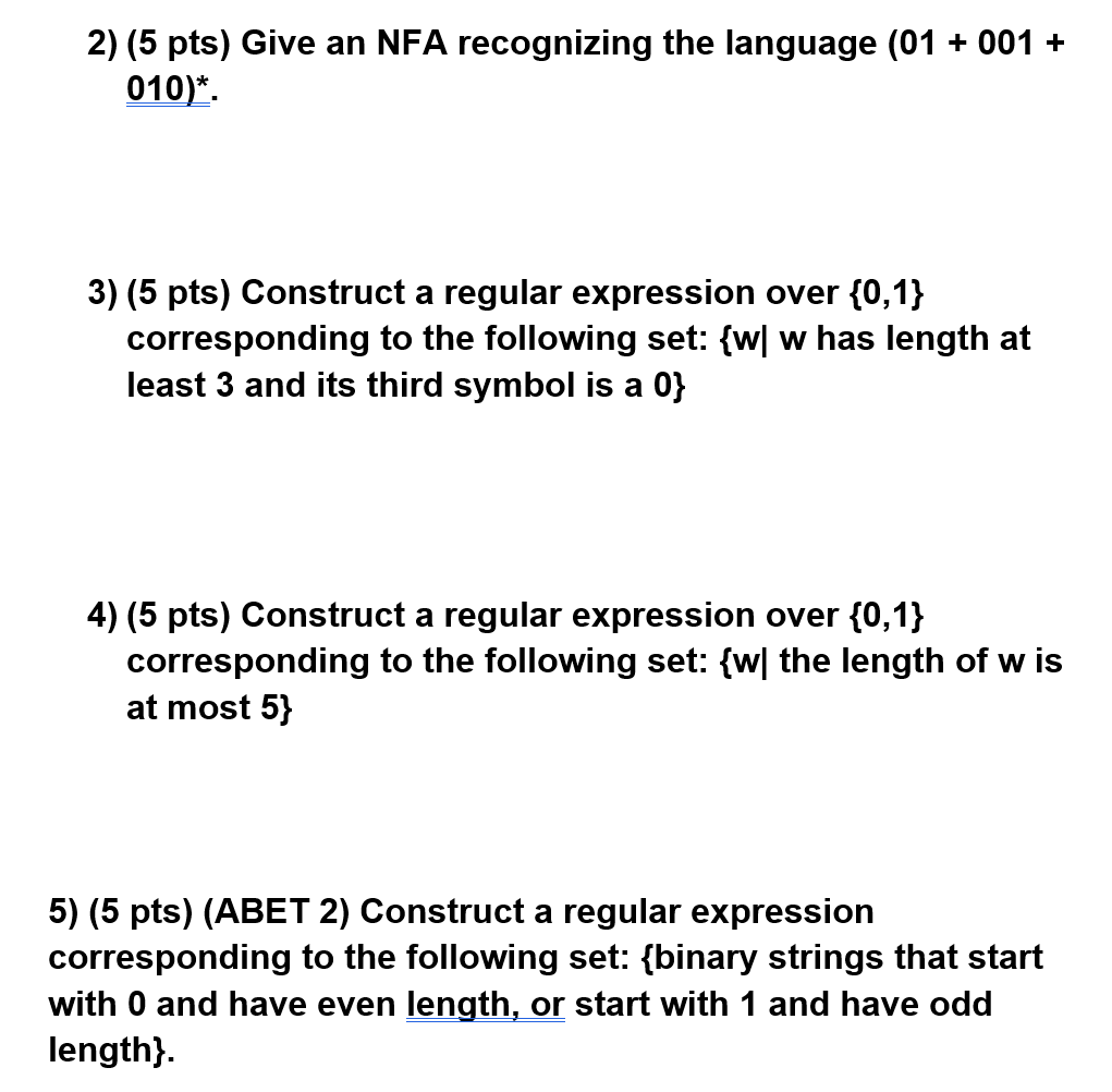 Solved 2) (5 pts) Give an NFA recognizing the language | Chegg.com