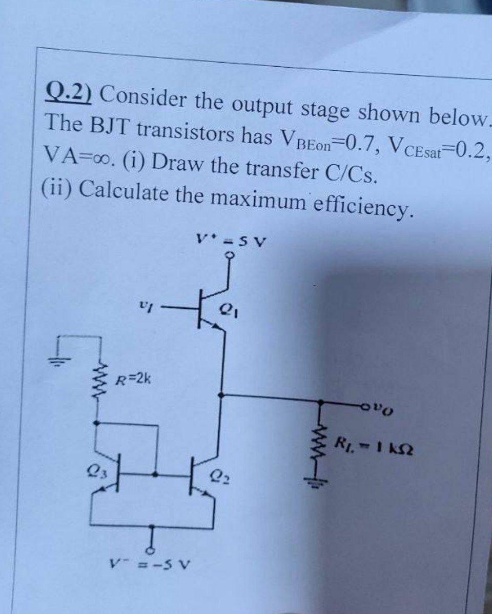 Solved Q.2) Consider the output stage shown below. The BJT | Chegg.com