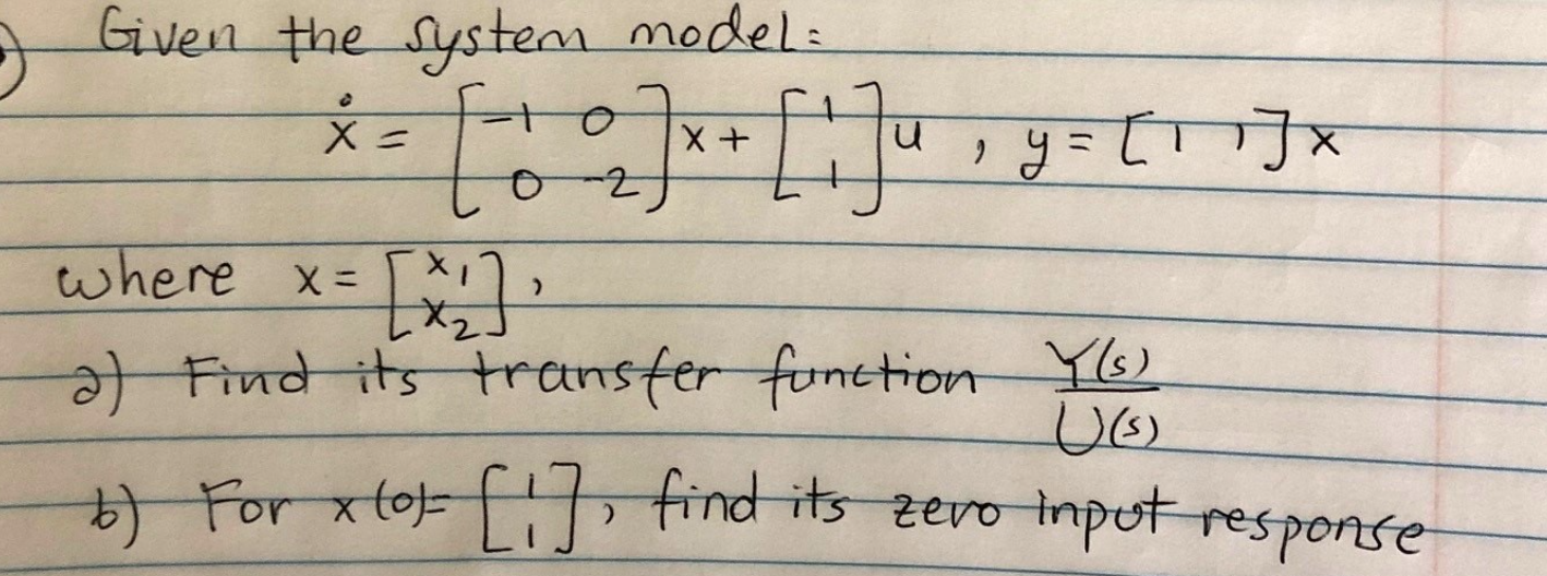 Solved Given the system model= x˙=[−100−2]x+[11]u,y=[11]x | Chegg.com