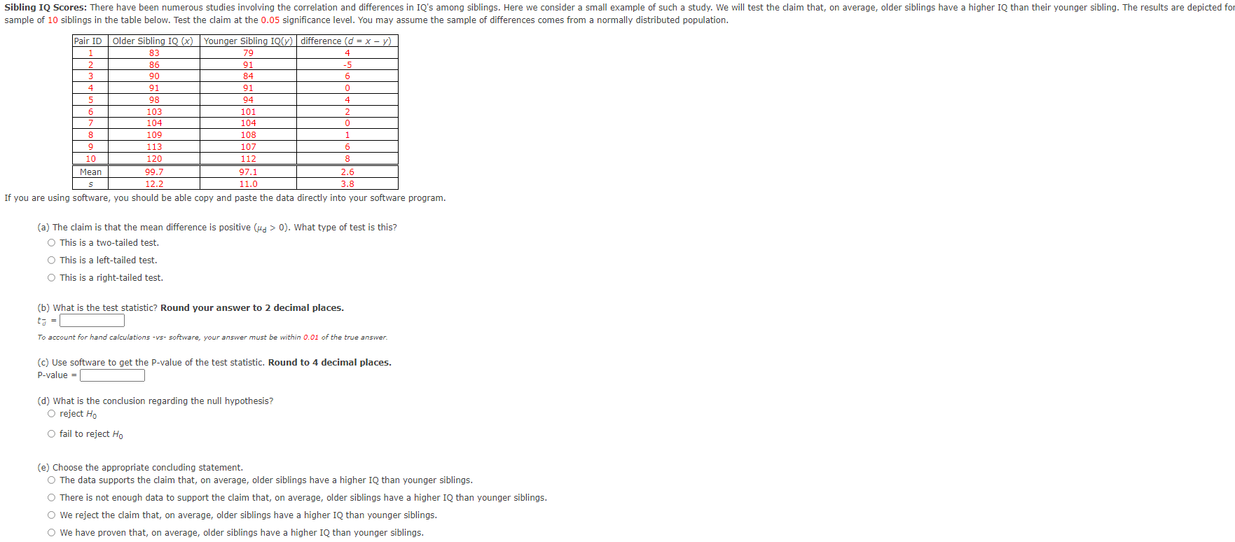 Solved Sibling IQ Scores: There have been numerous studies | Chegg.com