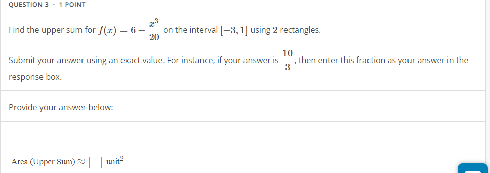 Solved Find the upper sum for f(x)=6−20x3 on the interval | Chegg.com