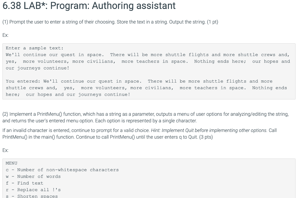 Solved 6.38 LAB*: Program: Authoring assistant (1) Prompt | Chegg.com