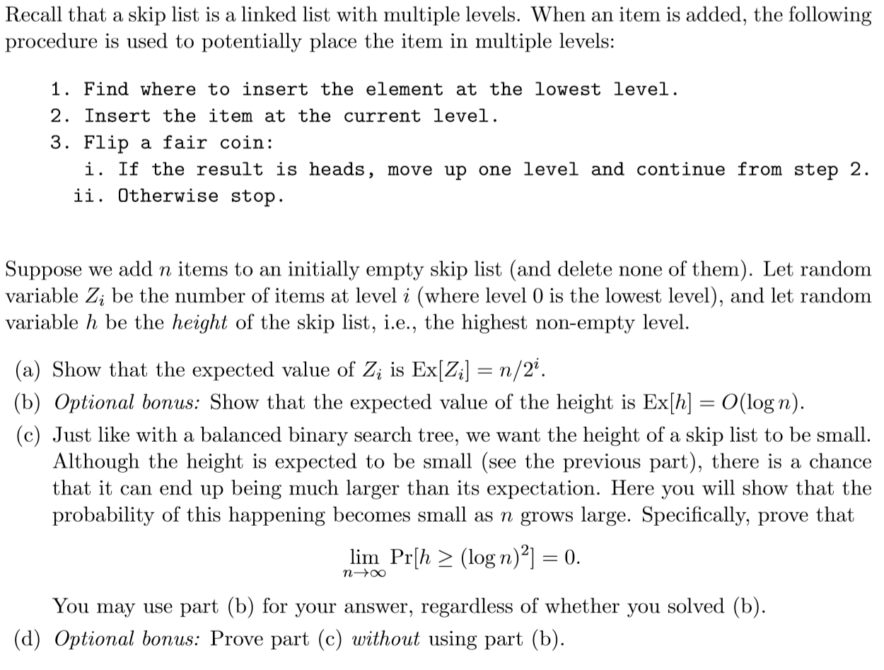 Recall that a skip list is a linked list with | Chegg.com