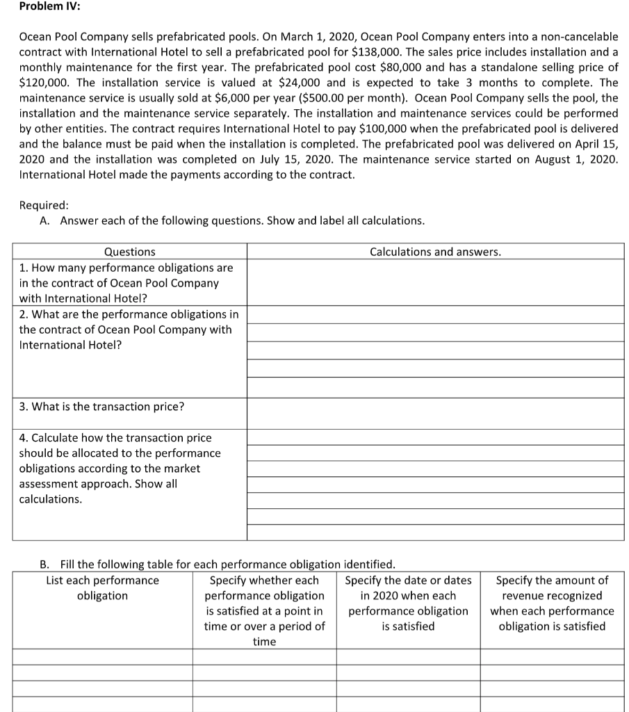 Problem IV: Ocean Pool Company sells prefabricated | Chegg.com