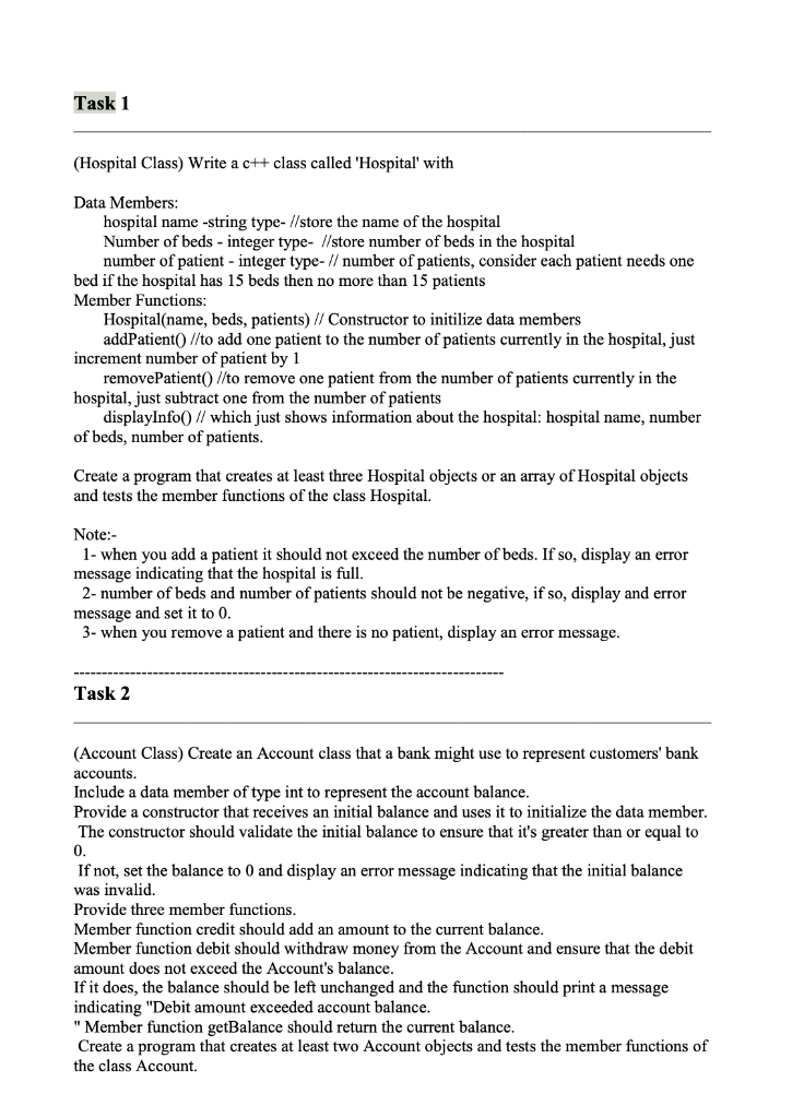 Solved Task 1 (Hospital Class) Write a c++ class called | Chegg.com